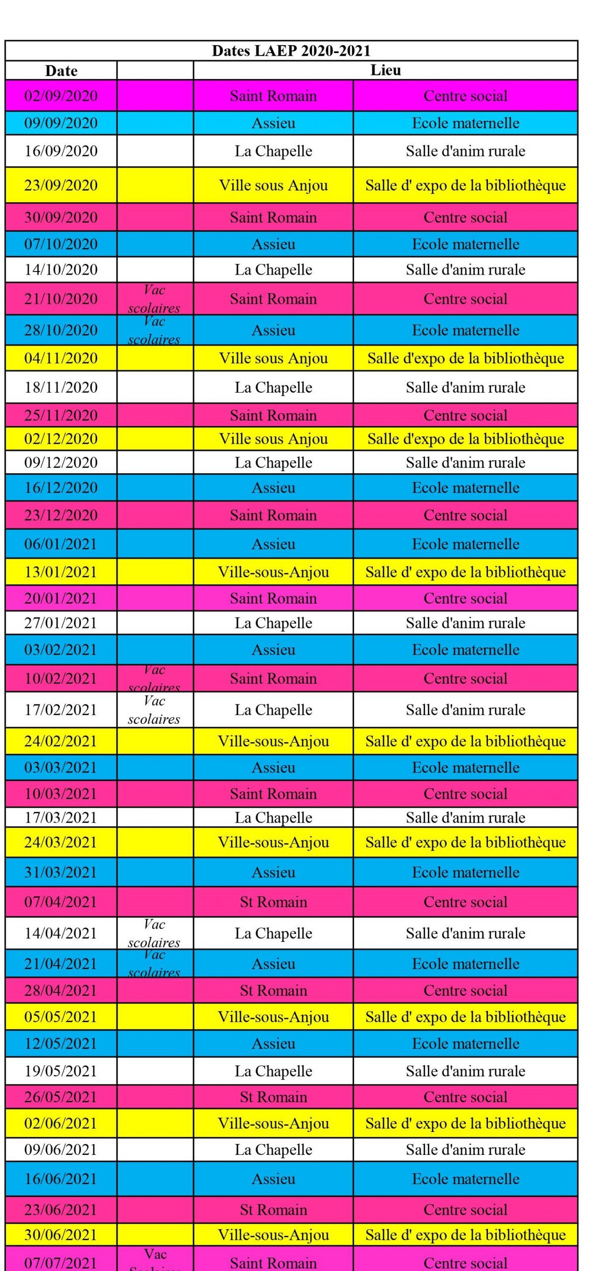 Calendrier LAEP et RAM – Centre social les 4 vents
