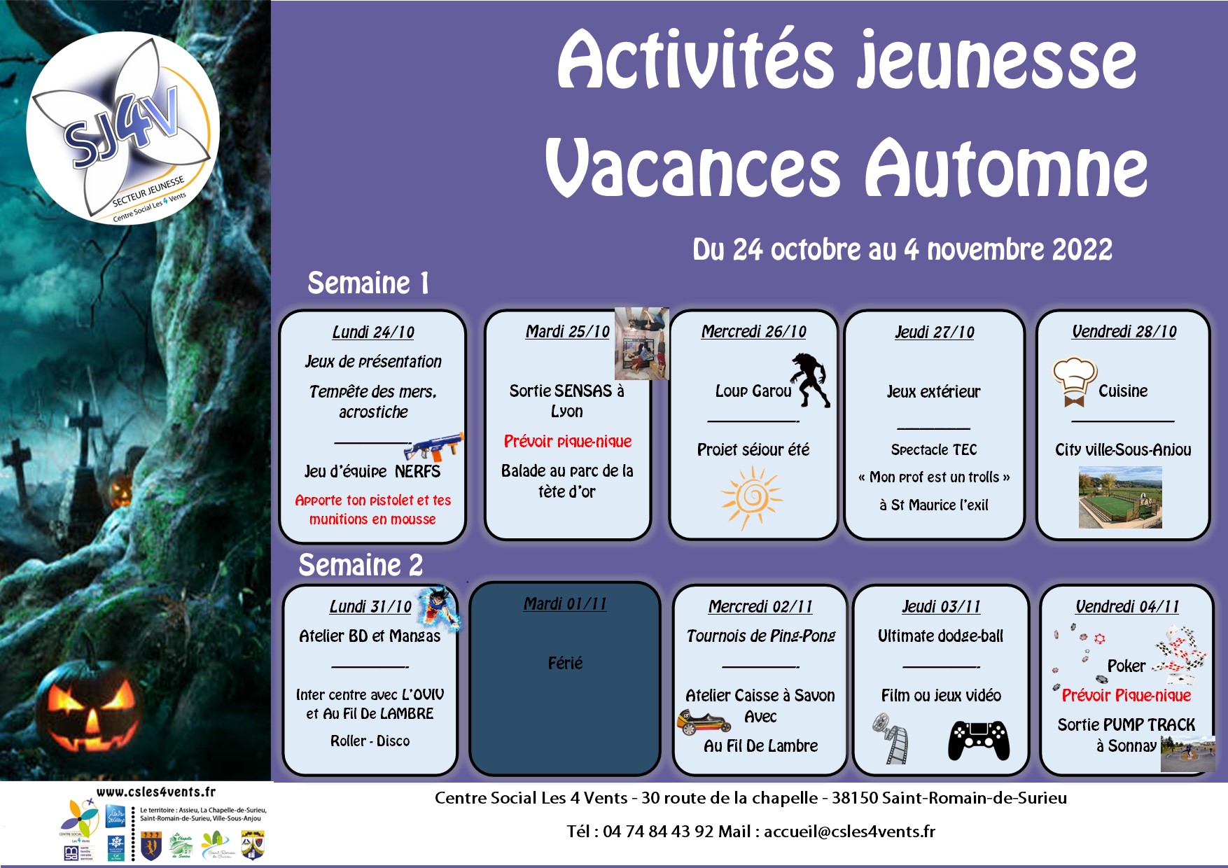Planning d’activités Ados Vacances Automne – Centre social les 4 vents